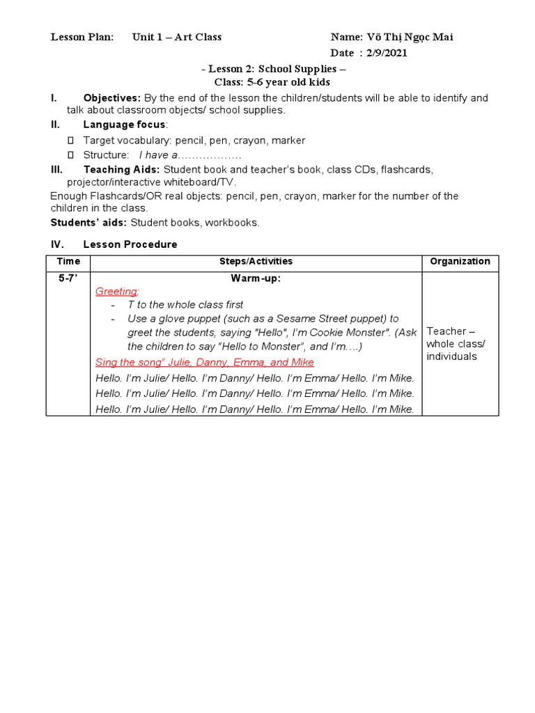 Lesson Plan-Unit 1-Lesson 1-Everybody Up-Starters | PDF | Cognition ...