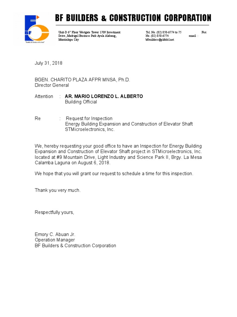 PEZA Request For Inspection | PDF
