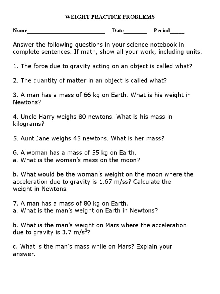 Weight Practice Problems | PDF | Science & Mathematics