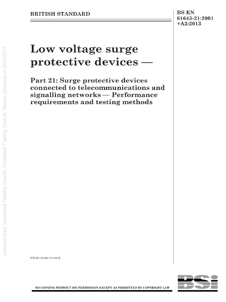 BS EN 61643 21 2001A2 2013 Low Voltage Surge Protective Devices Part 21 ...