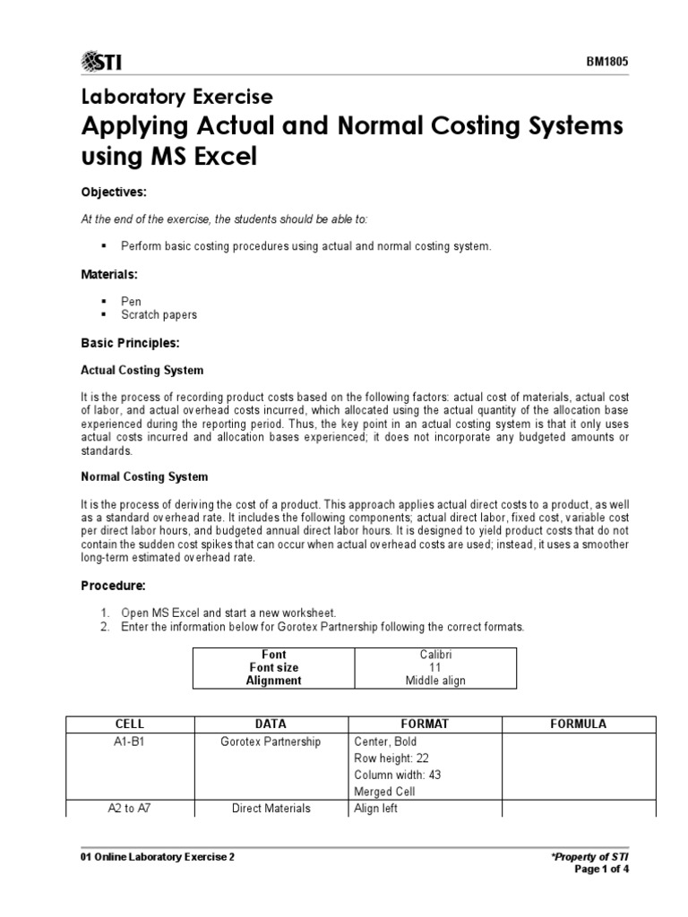 Applying Actual and Normal Costing Systems Using MS Excel: Laboratory Exercise | PDF ...