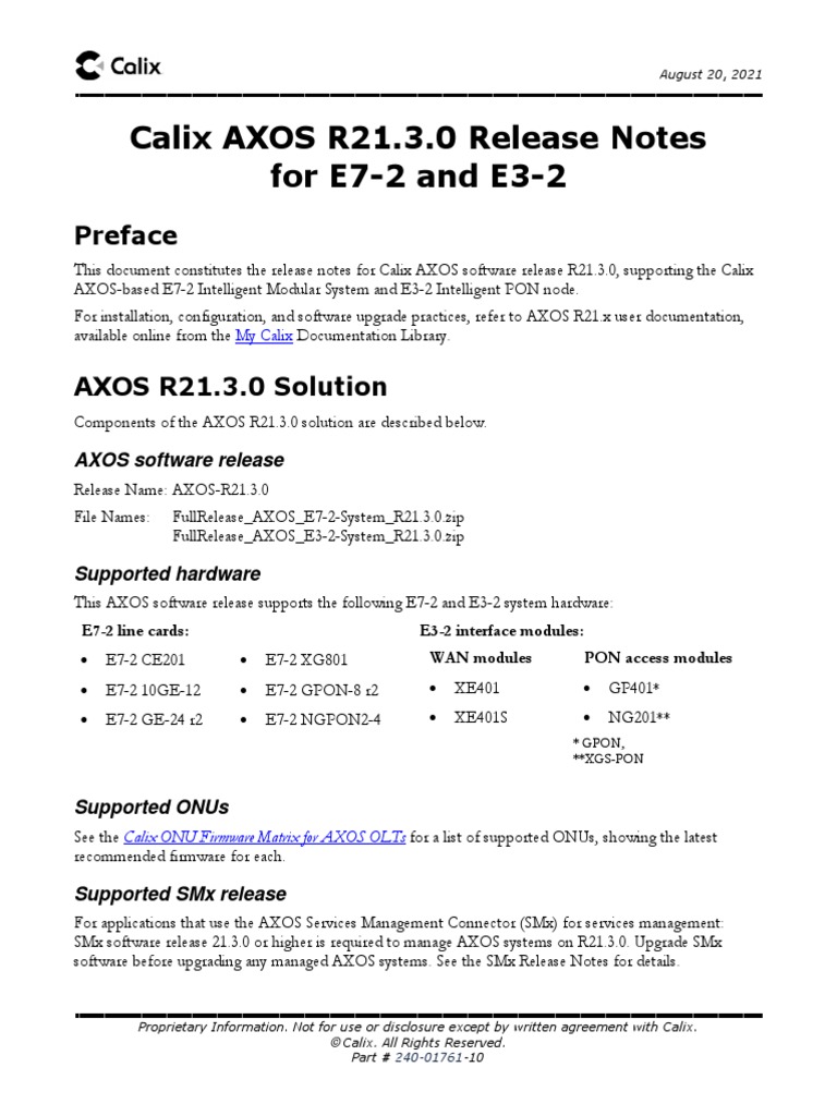 Calix AXOS R21.3.0 Release Notes For E7-2 and E3-2: Preface | Download ...