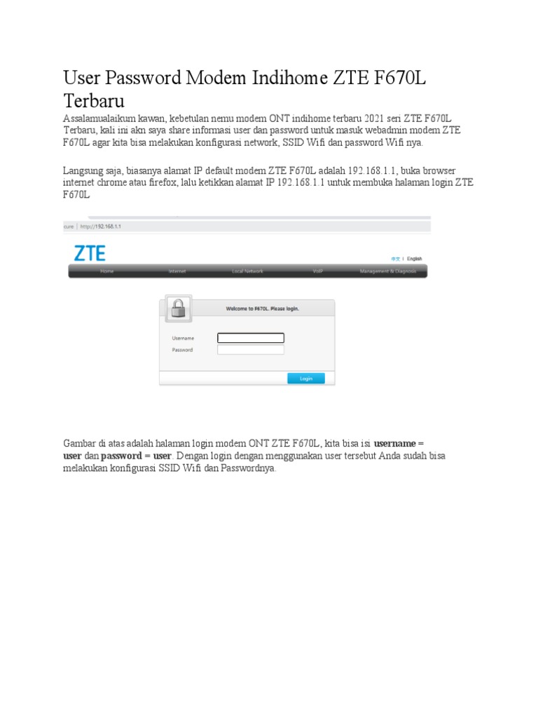 User Password Modem Indihome ZTE F670L Terbaru | PDF