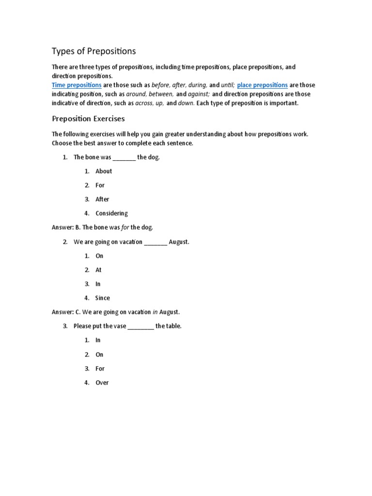 Types of Prepositions: Preposition Exercises | PDF | Preposition And Postposition | Cognitive ...