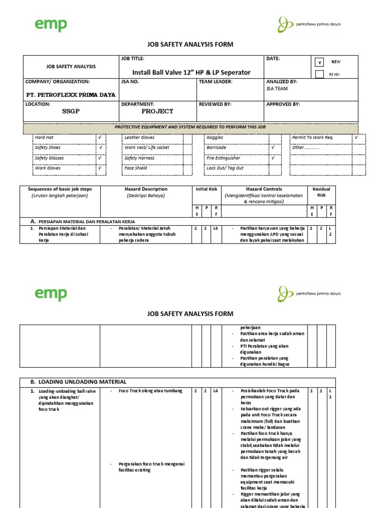 Contoh Form Job Safety Analysis JSA | PDF