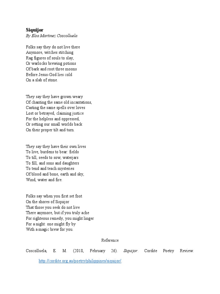 Poem, Elsa Martinez Coscolluela's Siquijor | PDF