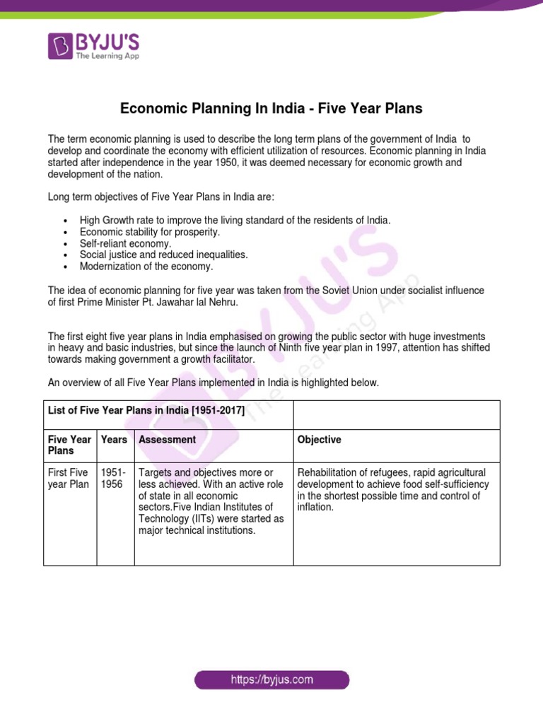Overview of India's Five Year Plans | PDF | Economic Growth | Economic ...