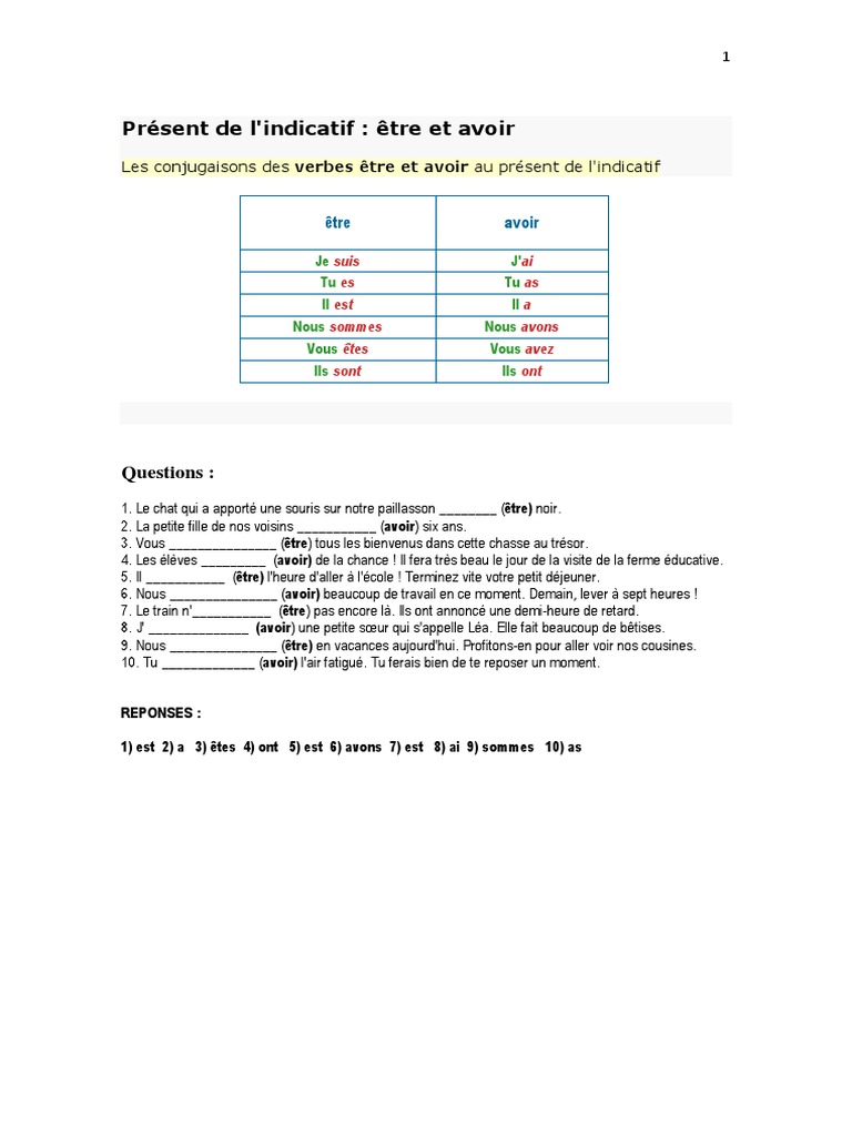 Présent de L'indicatif Être Et Avoir | PDF