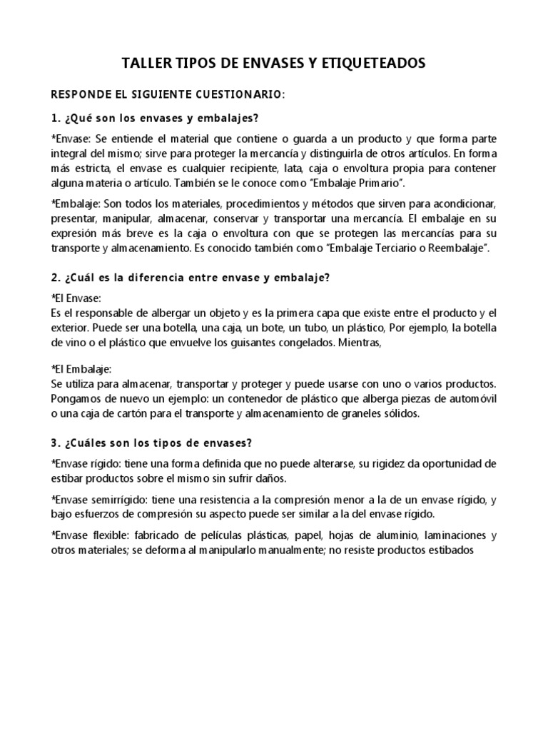 Taller Tipos de Envases y Etiqueteados | PDF | Negocios