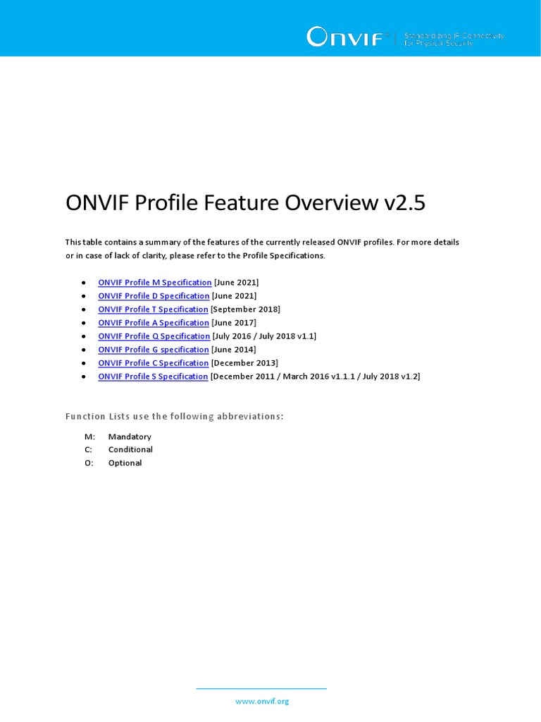 ONVIF Profile Feature Overview v2.5: Function Lists Use The Following Abbreviations | PDF ...