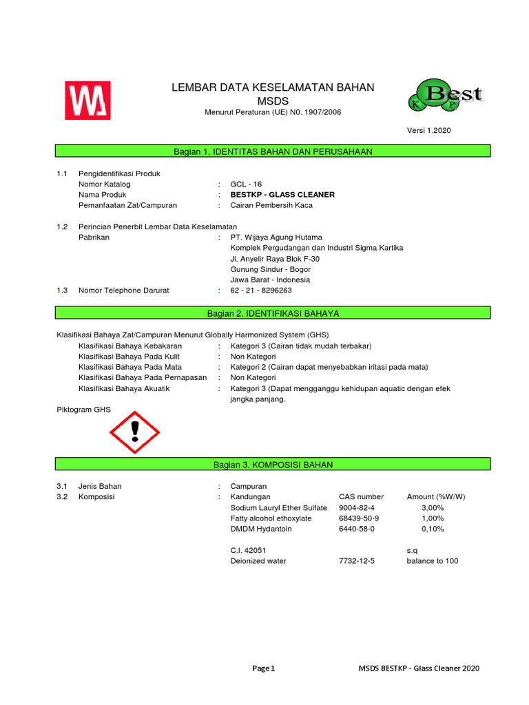 MSDS BESTKP - Glass Cleaner 2020 | PDF