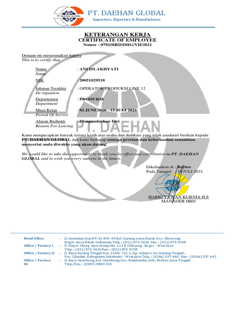 Rev - Paklaring - Daehan Global | PDF