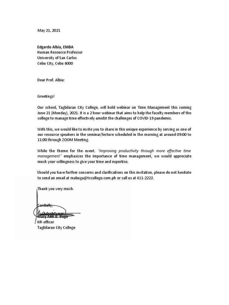 Sample Invitation Letter For Resource Speakers Seminar | PDF