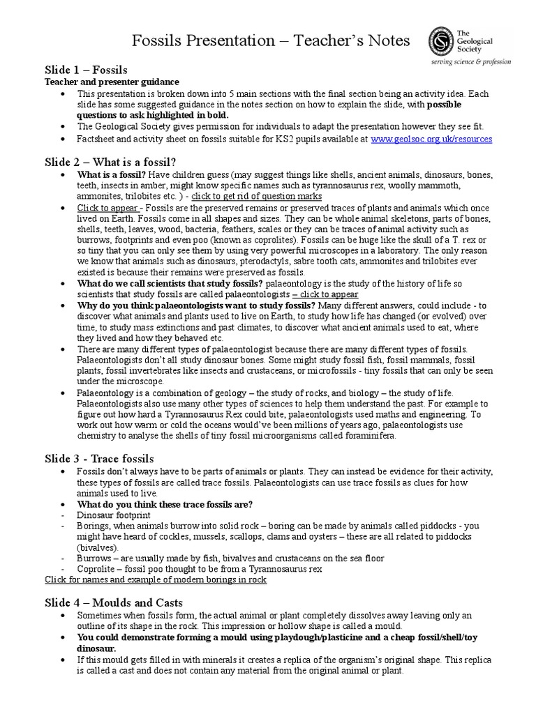 Fossils Presentation Teachers Notes | PDF | Fossil | Paleontology