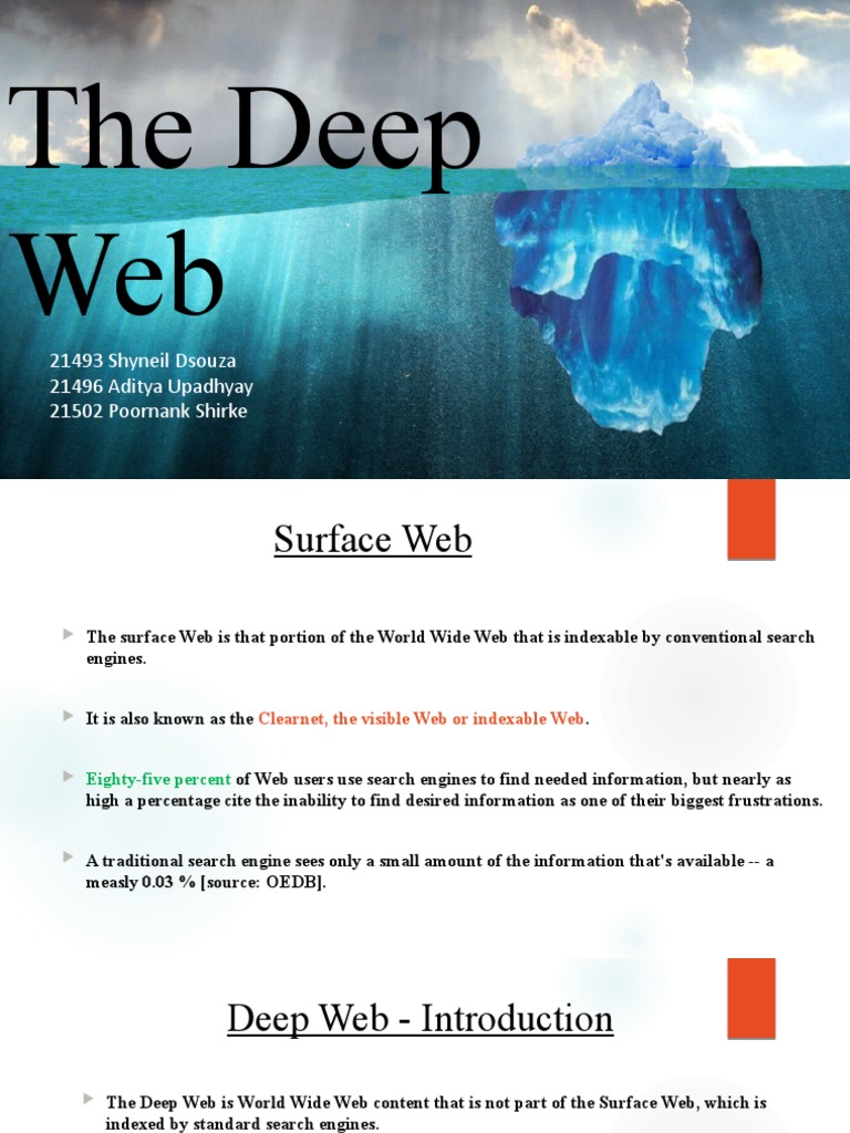 The Deep Web: 21493 Shyneil Dsouza 21496 Aditya Upadhyay 21502 Poornank ...