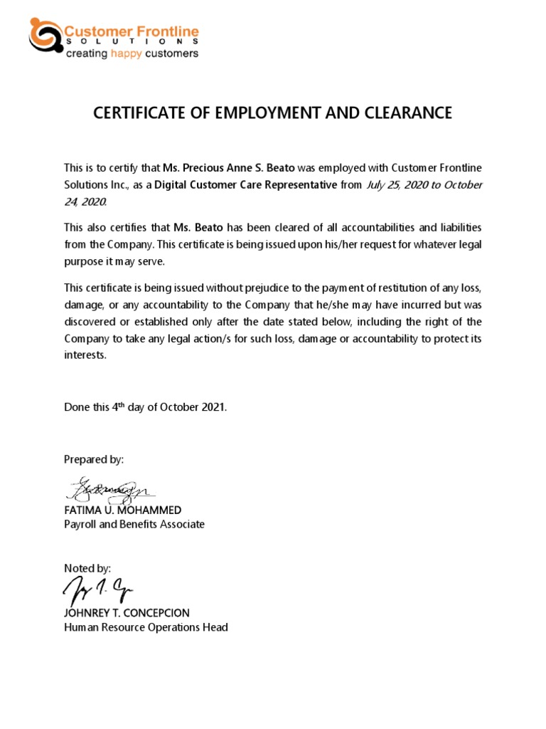Certificate of Employment and Clearance: July 25, 2020 To October 24 ...