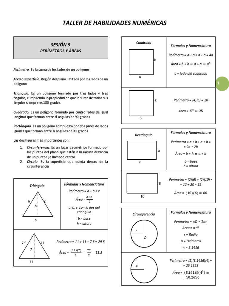 Habilidades numéricas: Perímetros, áreas y fórmulas geométricas | PDF ...