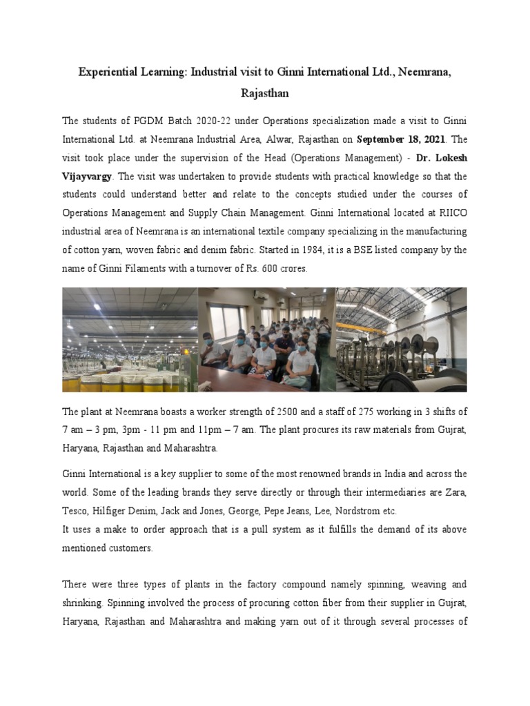 MRC Mailer On Industry Visit To Ginni International, Neemrana | PDF | Textiles | Yarn