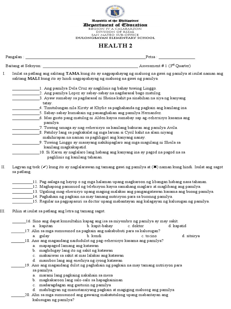 HEALTH 2-Quiz 1 & 2 With TOS | PDF