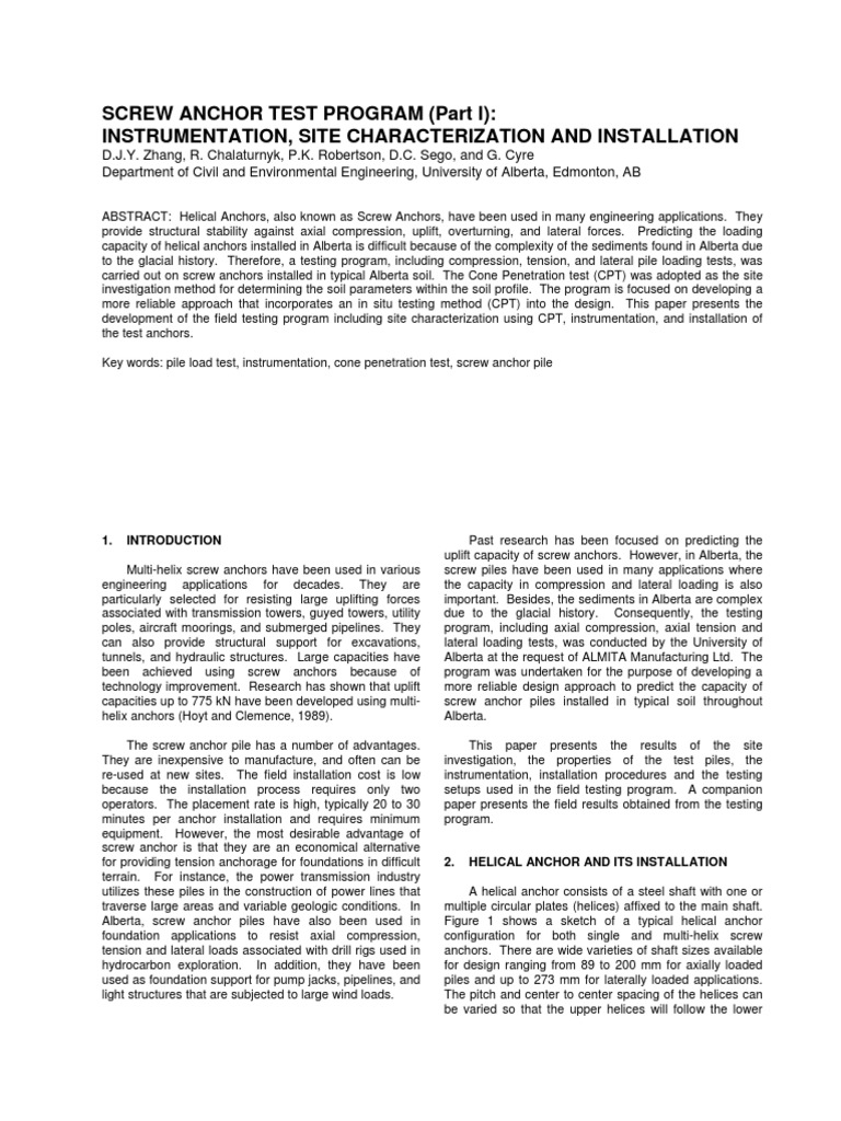 Screw Anchor Test Program Part I Instrumentation Site Characterization ...