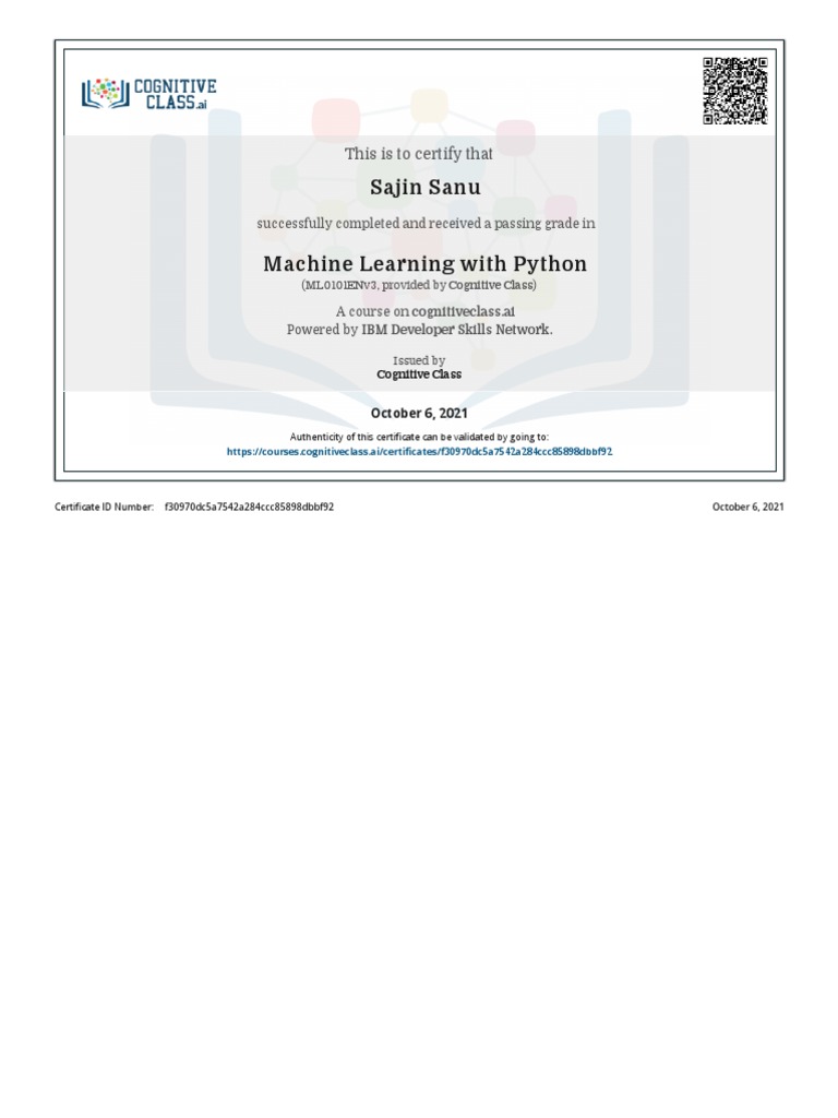 IBM Cognitive Class Certificate: ML with Python | PDF | Computers ...