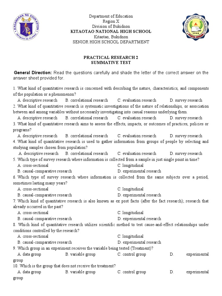Practical Research 2 Summative Test | PDF | Survey Methodology | Experiment