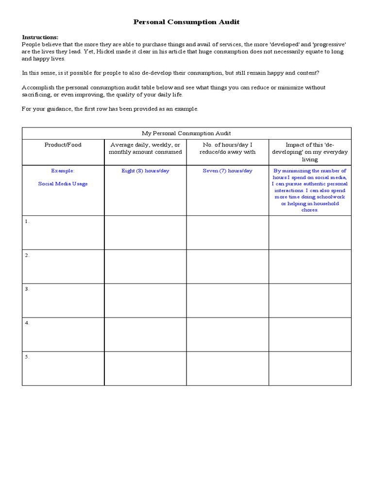Personal Consumption Audit: Instructions | PDF