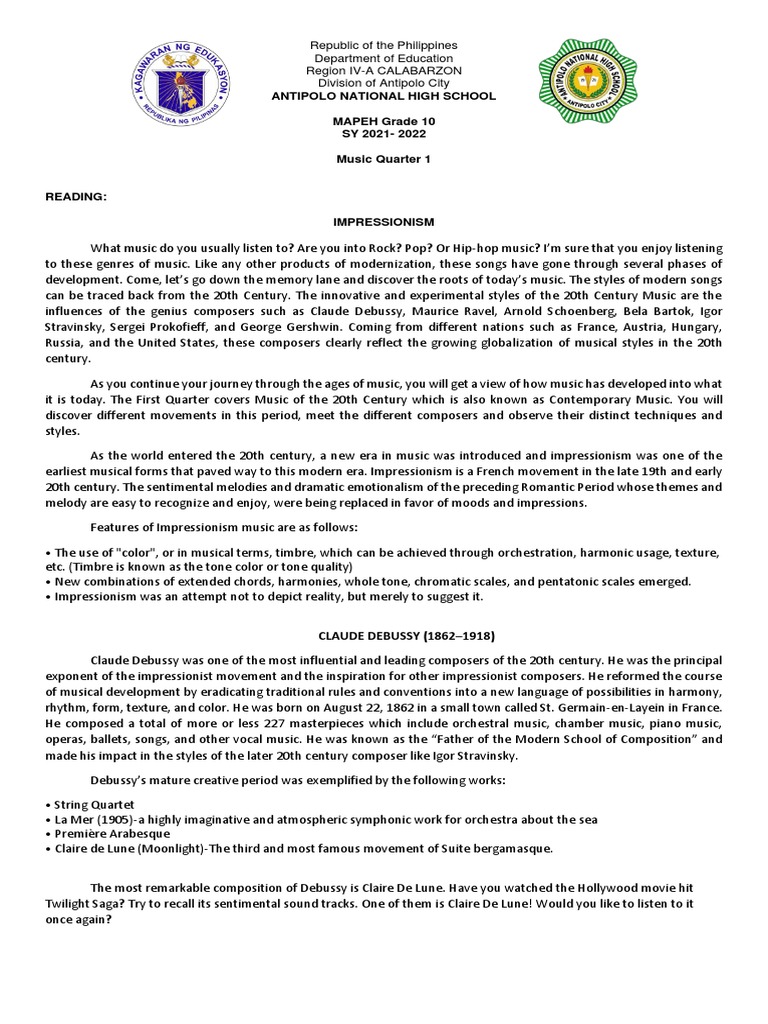 Grade 10 Music: Impressionism & Expressionism | PDF | Elements Of Music ...