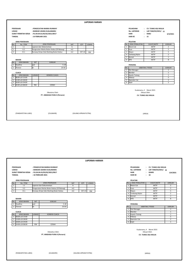 Laporan Harian Pengecatan Marka Center Line Runway MG 3 | PDF
