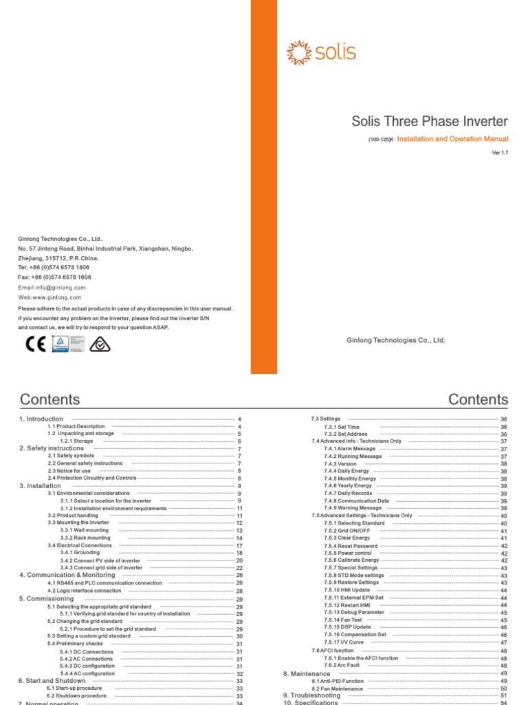Solis Three Phase Inverter: Installation and Operation Manual | PDF ...