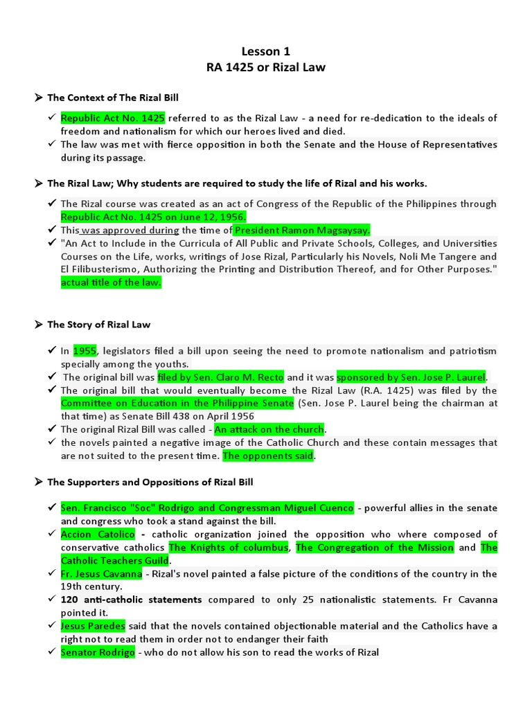 Lesson 1 RA 1425 or Rizal Law | PDF | Philippines
