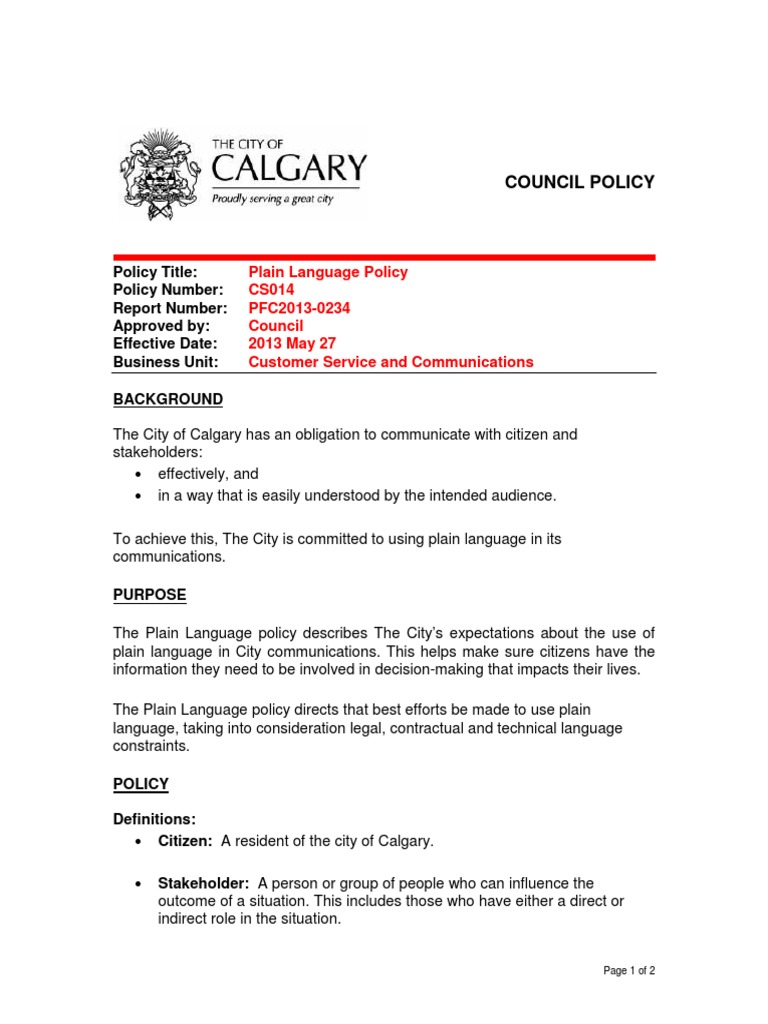 The City of Calgary's Plain Language Policy - CS014 | PDF | Plain ...