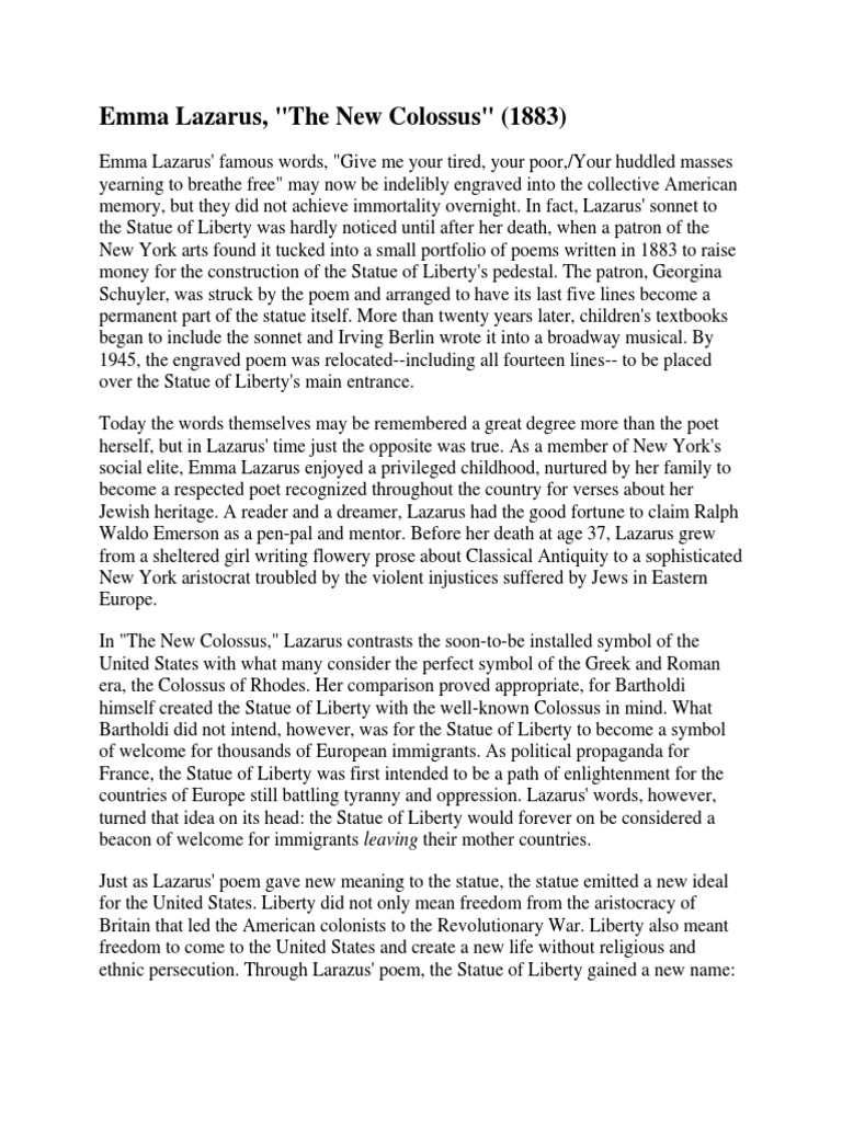 Emma Lazarus, "The New Colossus" (1883) | PDF