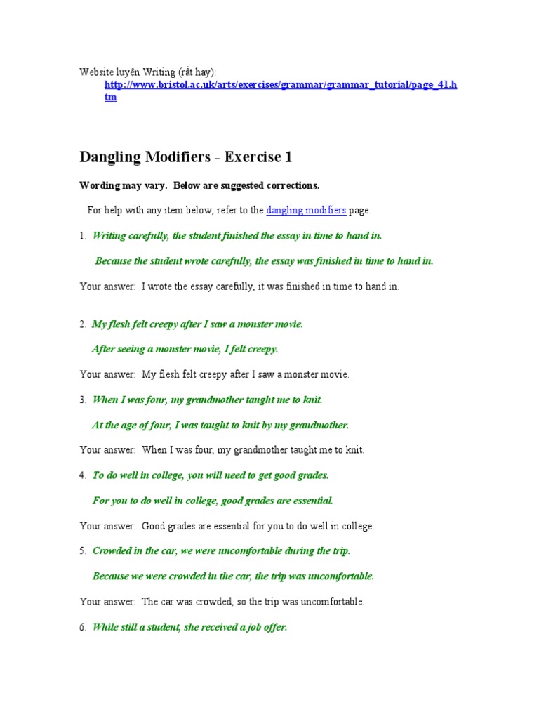 Dangling Modifiers - Exercise 1: Wording May Vary. Below Are Suggested Corrections | PDF | Verb ...