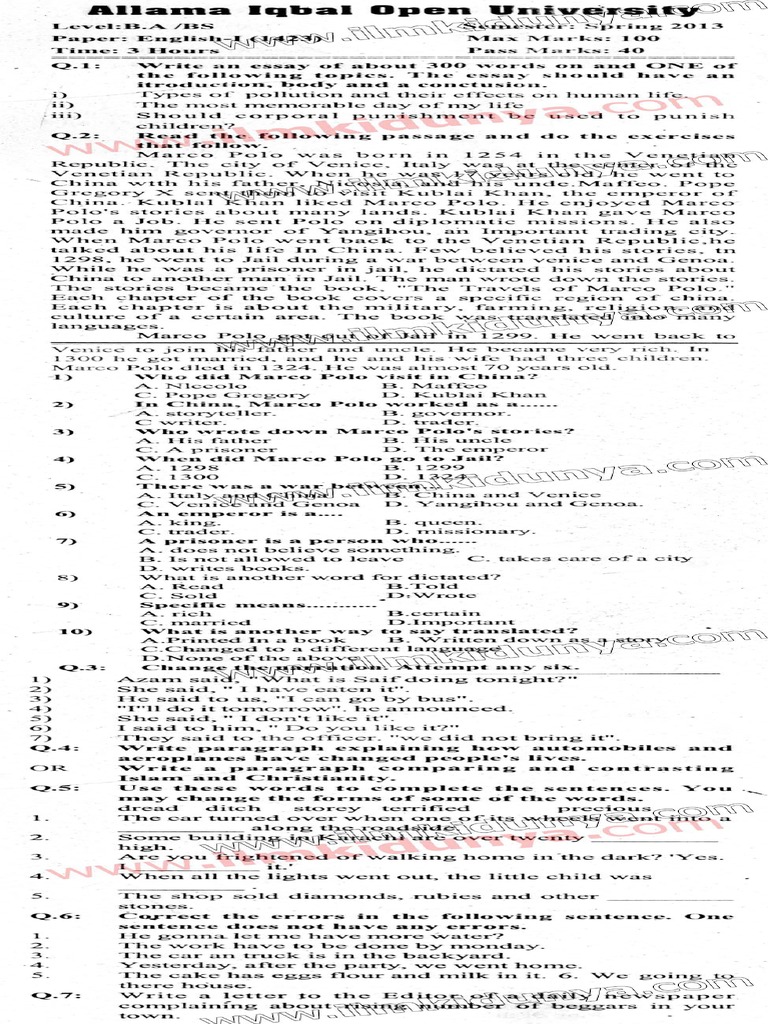 Past Papers 2013 Allama Iqbal Open University BA English 1423 | PDF