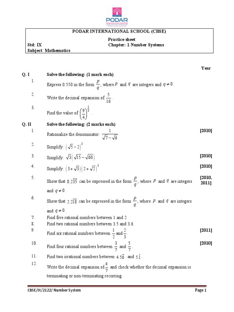 Podar International School (Cbse) Practice Sheet STD: IX Chapter: 1 ...