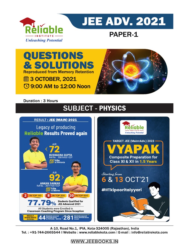 JEE Advanced 2021 Paper 1 and 2 Paper - Solution | PDF | Rotation ...