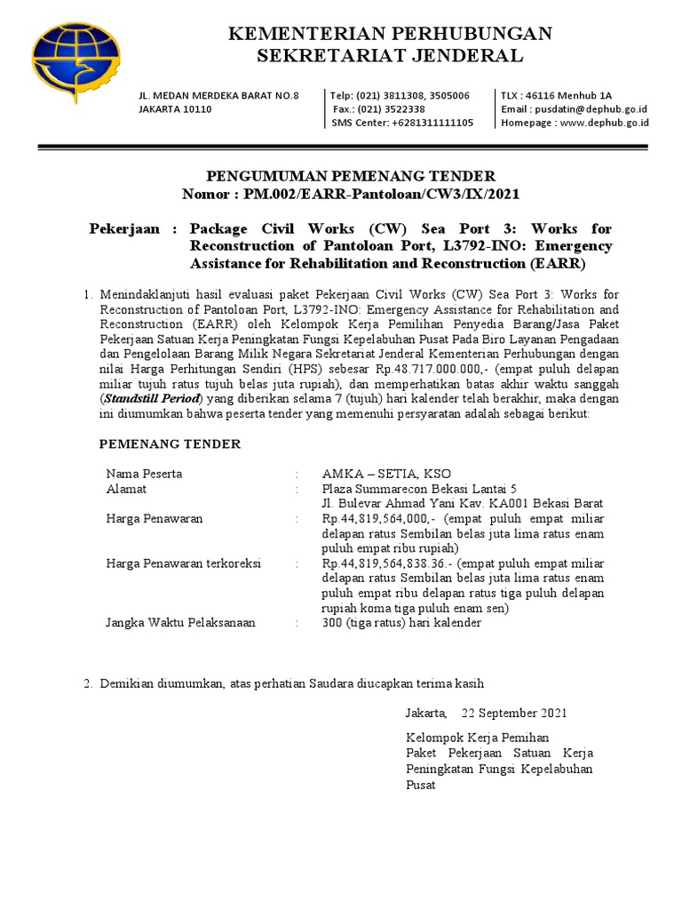 Pengumuman Pemenang Paket Pekerjaan Civil Work (CW3) Terminal Pelabuhan Pantoloan | PDF