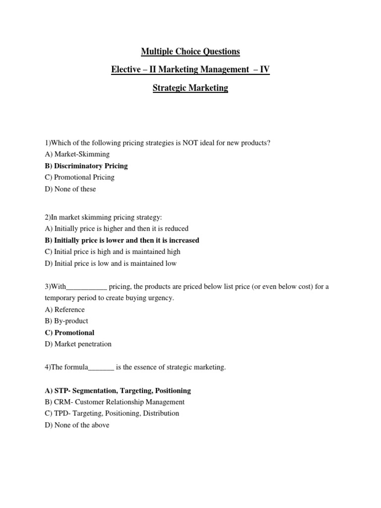 Strategic Marketing MCQs and Answers | PDF