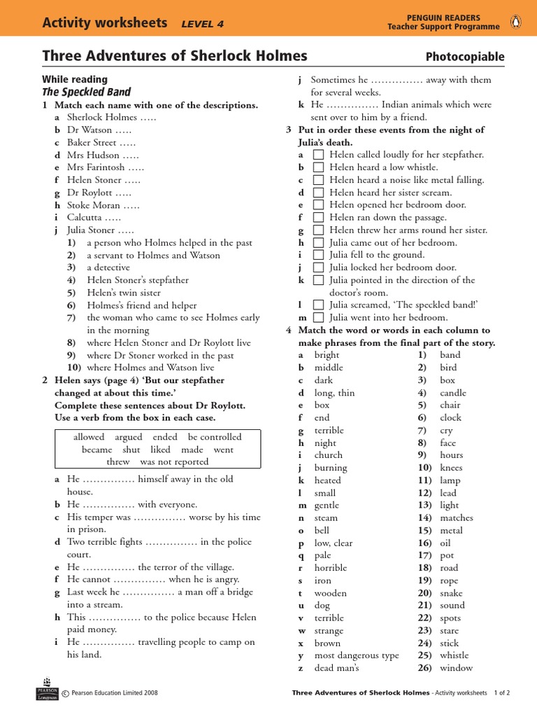 Three Adventures of Sherlock Holmes: Activity Worksheets | Download ...
