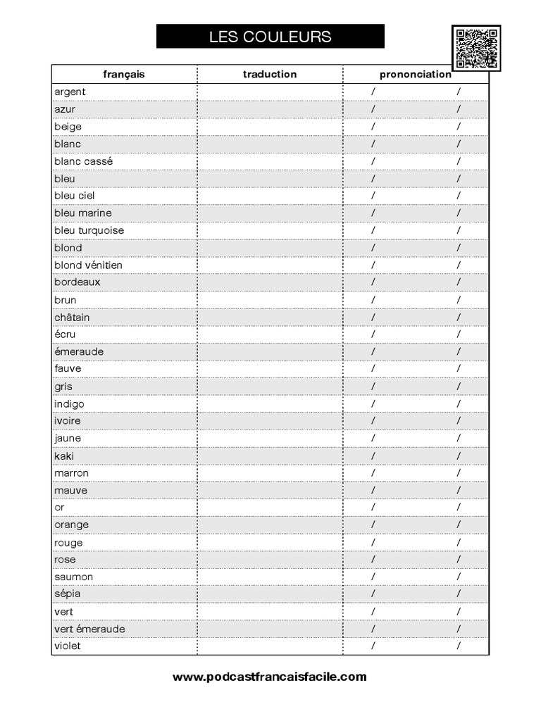 Vocabulaire des couleurs en français | PDF | Bleu | Couleur
