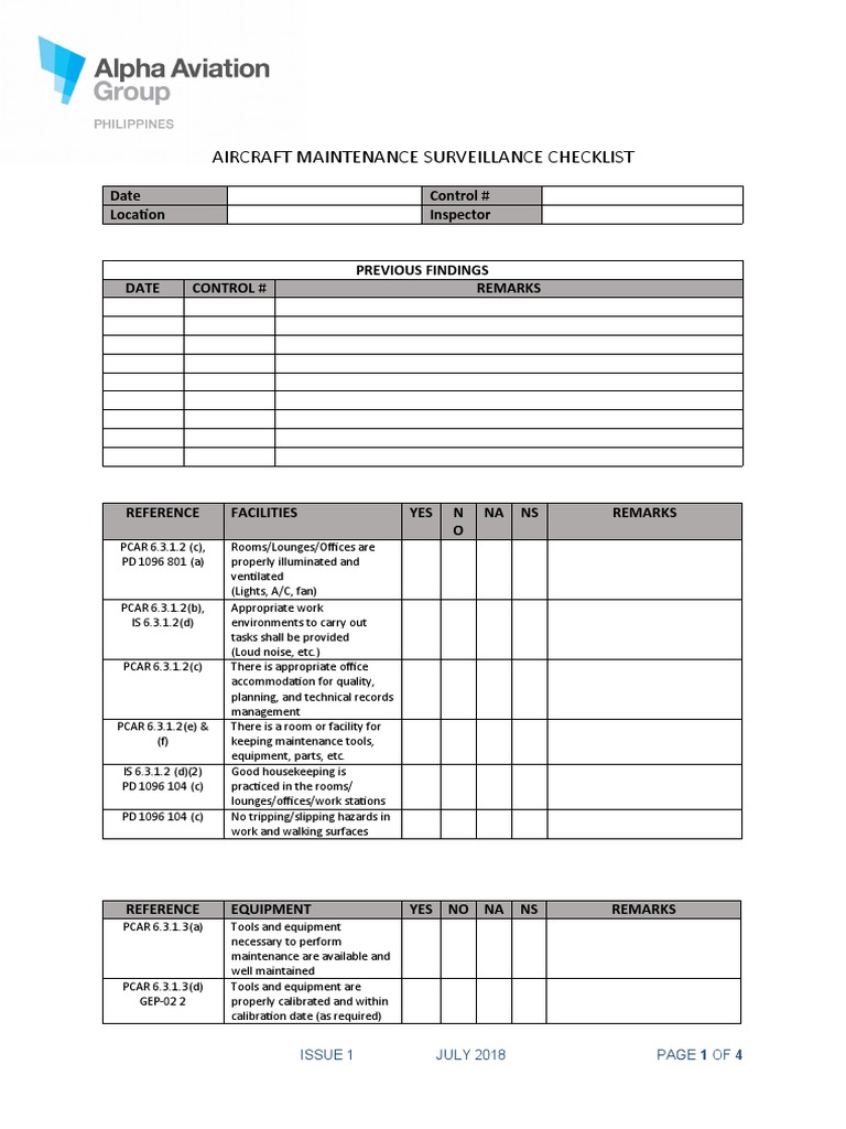 Aircraft Maintenance Surveillance Checklist: Date Control # Location ...