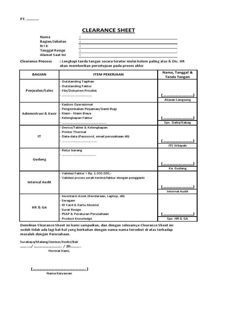 Proses dan Contoh Clearance Sheet | PDF