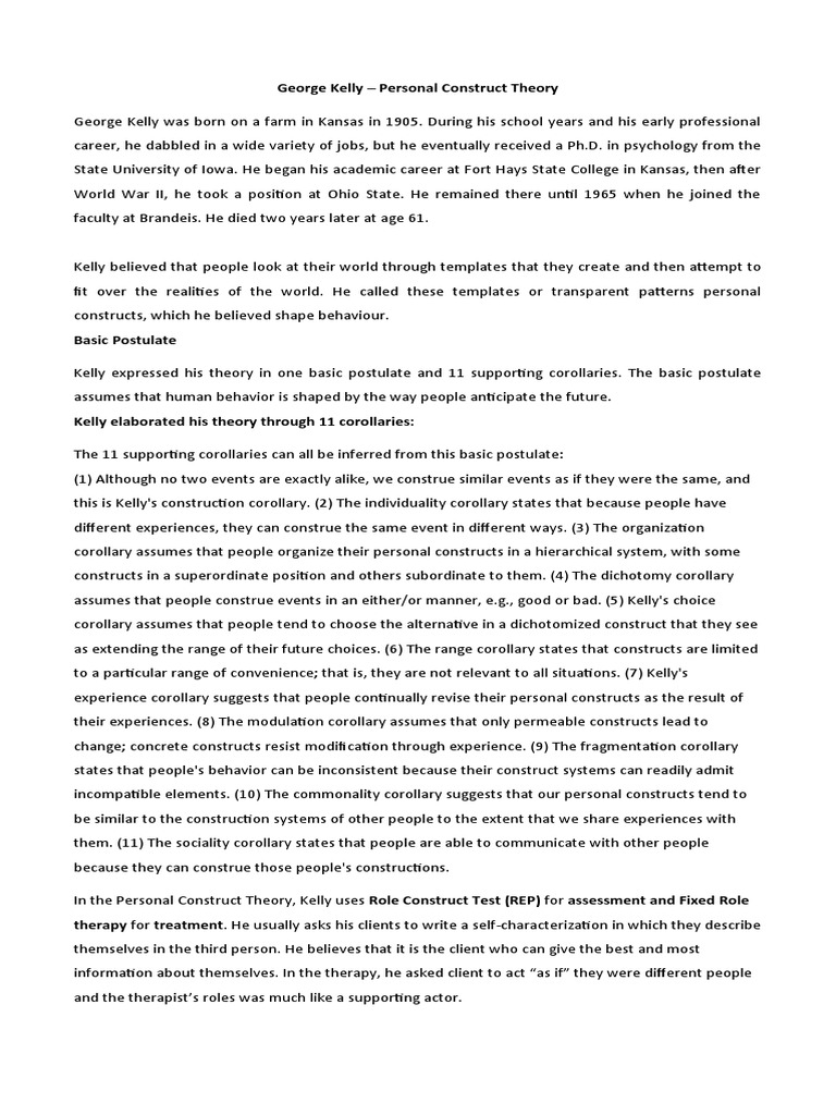 George Kelly - Personal Construct Theory | PDF | Psychology ...