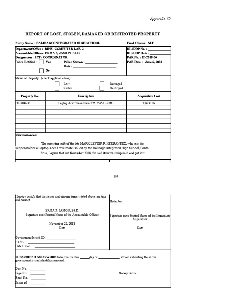 Report of Lost, Stolen, Damaged or Destroyed Property: Appendix 75 ...