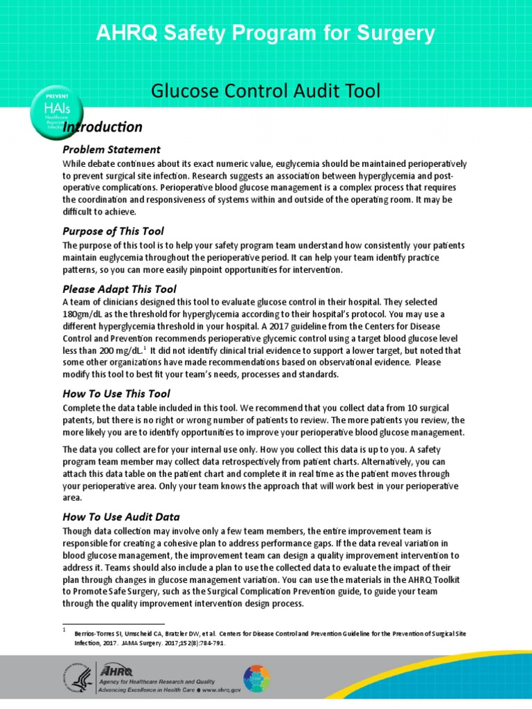 Glucose Control Audit Tool: AHRQ Safety Program For Surgery | PDF ...