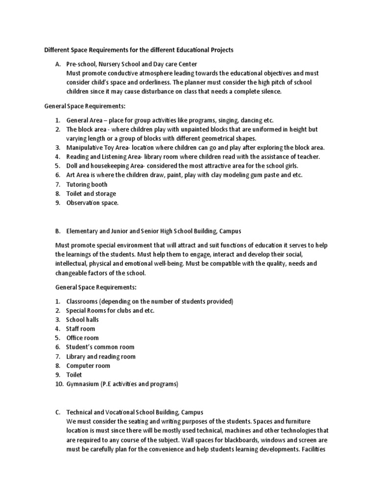 Different Space Requirements For The Different Educational Projects ...