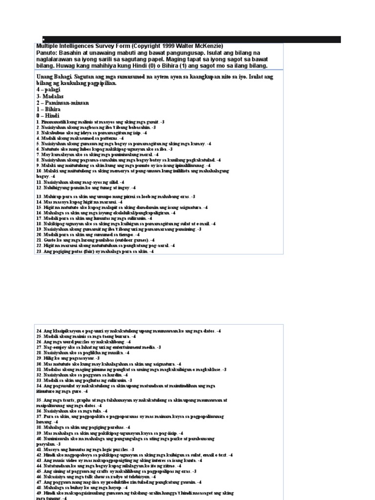 Multiple Intelligences Survey Form | PDF