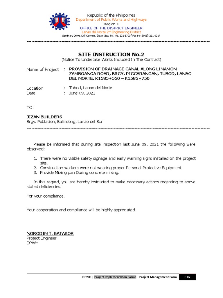 Site Instruction Format | PDF | Construction Aggregate
