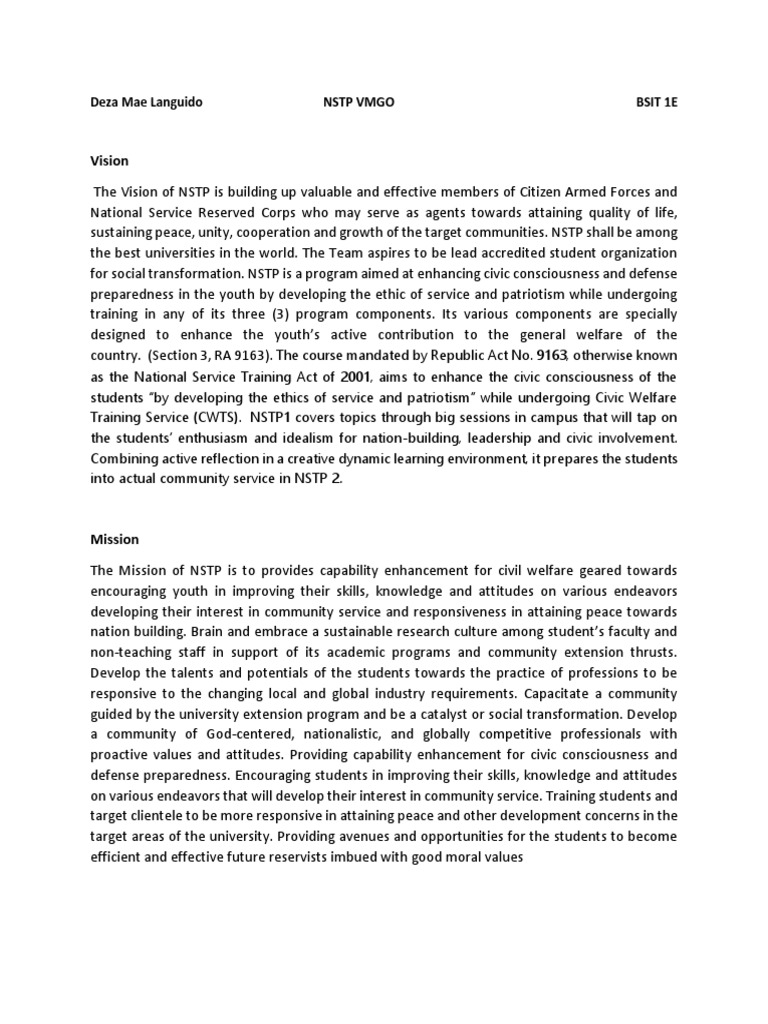 NSTP Vmgo | PDF | Nationalism | Value (Ethics)